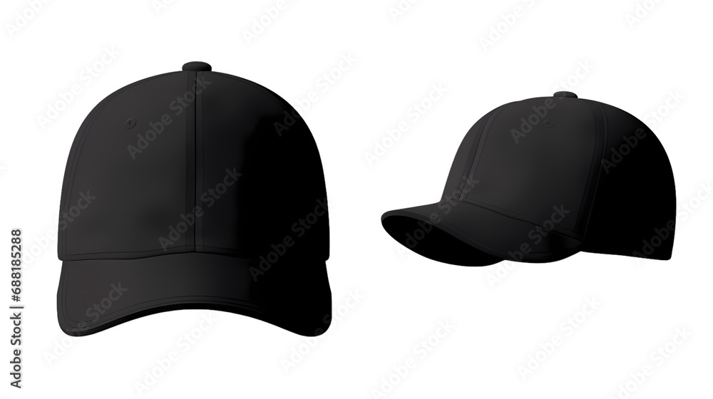 Black front and side hat baseball cap set isolated on transparent ...