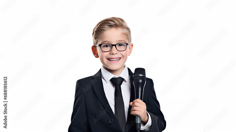 cute little boy reporter with a microphone, ready for an interview ...