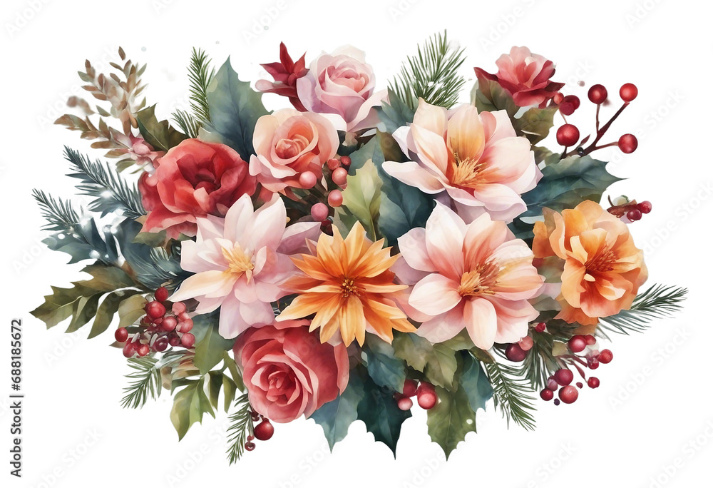 Colorful Christmas floral arrangement in watercolor clipart design ...
