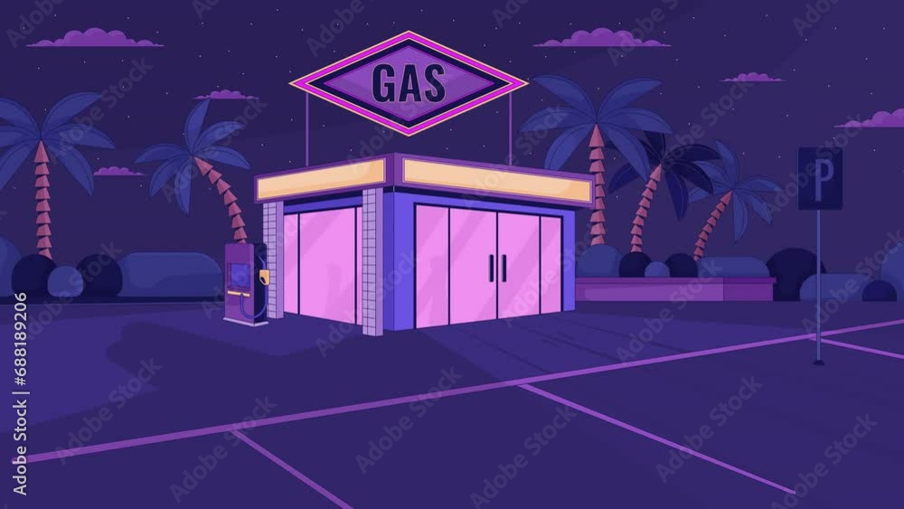 Gas station convenience store nighttime cartoon animation. Midnight ...
