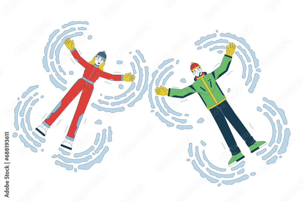 Making snow angels line cartoon flat illustration. Winter family fun 2D ...