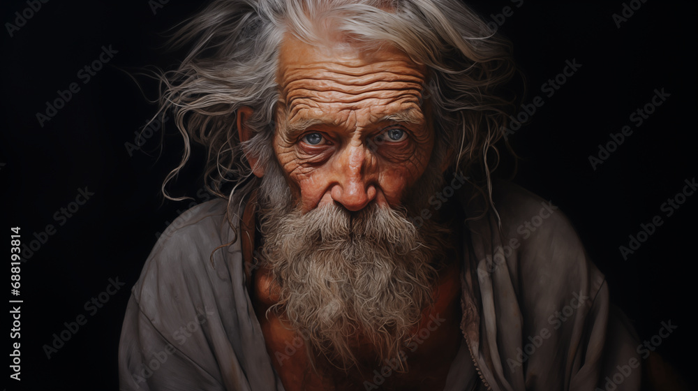 Very old grizzled man with wizened look on his face that wears long ...