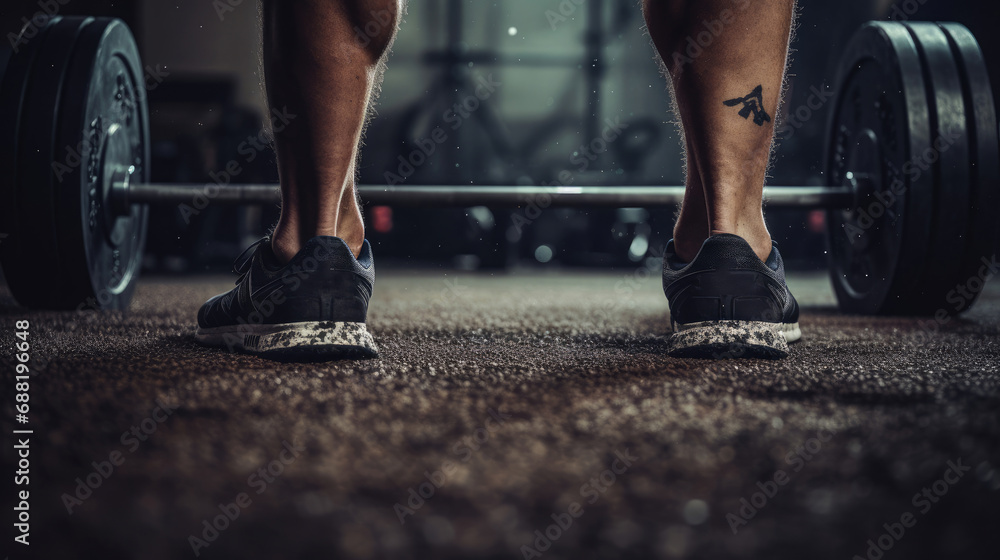 Weightlifter's feet firmly on ground texture of platform readiness for ...