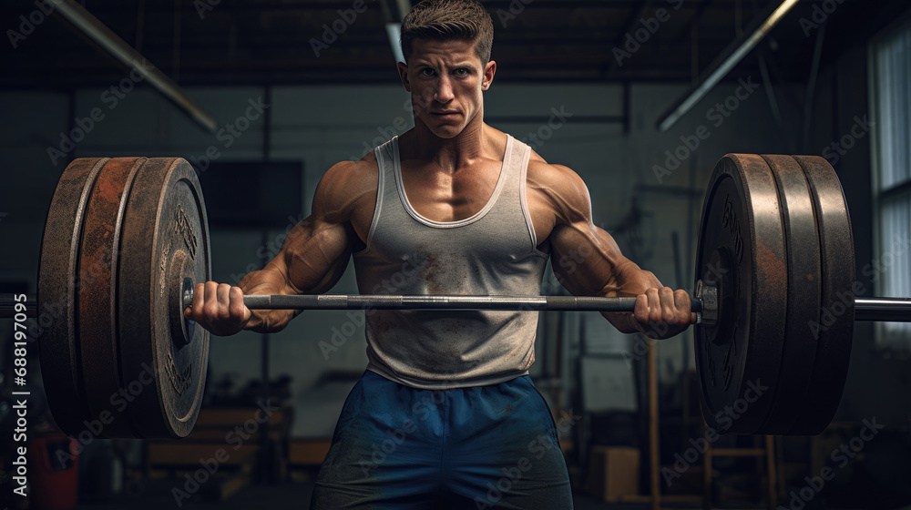 Intense weightlifter lifting a barbell in a stark gym setting Stock ...