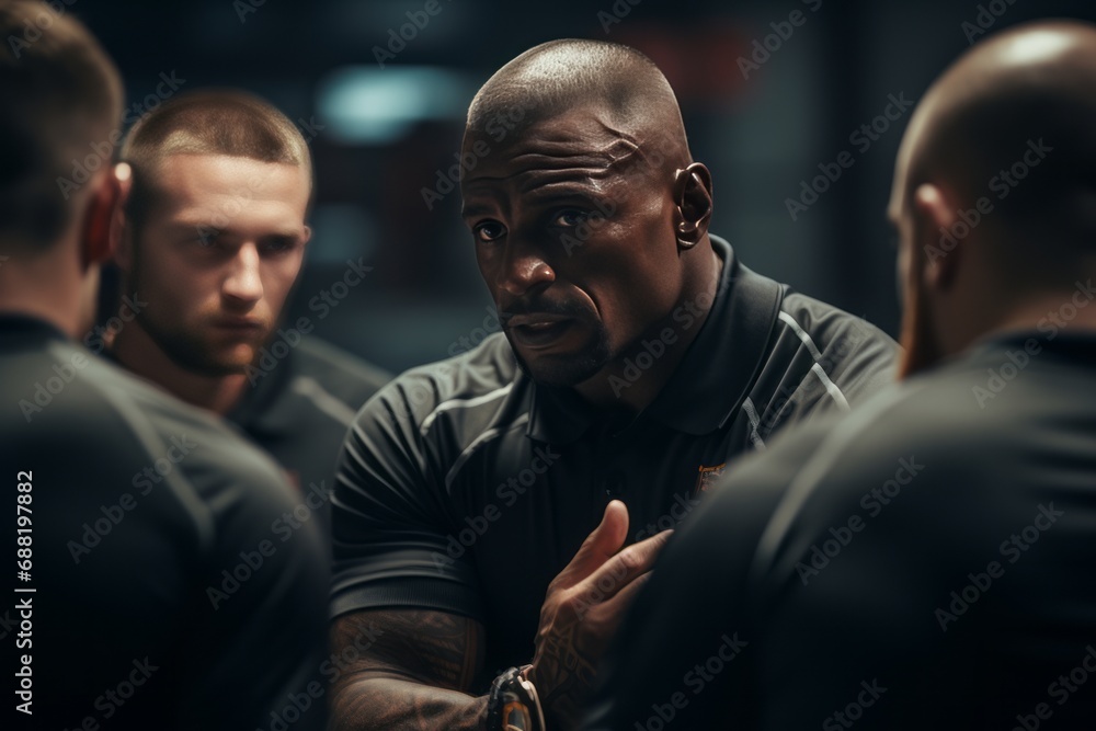 A strength and conditioning coach explains to athletes on a football ...