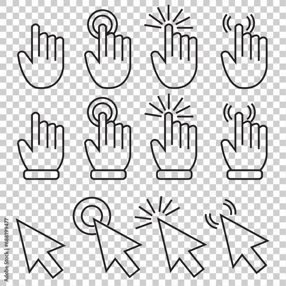 Pointer click. Hand pointer icons. Cursor arrow icon. pointer click icon set of 16, Clicking ...