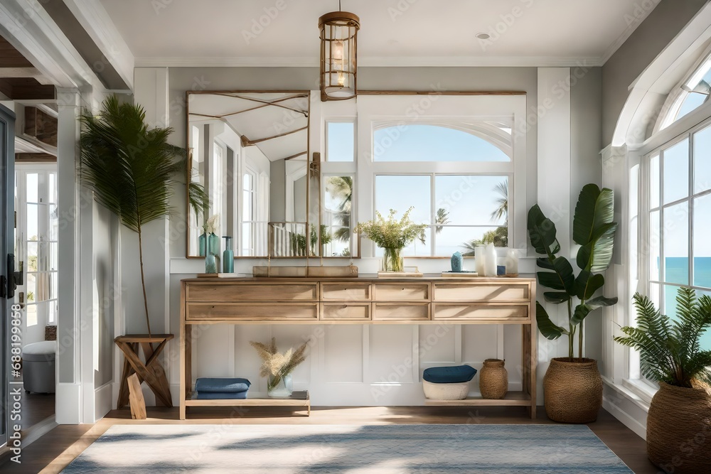 An airy coastal entryway with vaulted ceilings, a coastal-themed ...