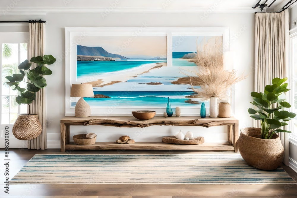 A coastal-inspired entry with a driftwood console table, framed beach ...