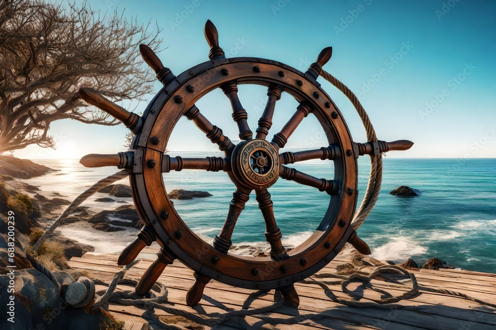 The entry of a seaside retreat featuring a weathered ship wheel ...