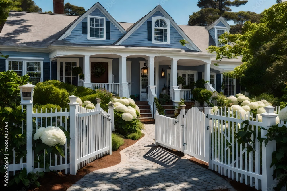 The grand entrance of a Cape Cod-style home with a white picket fence ...