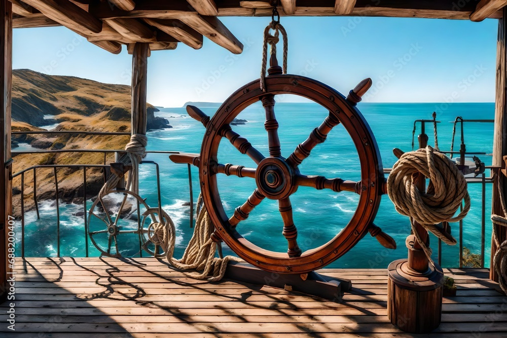 The entry of a seaside retreat featuring a weathered ship wheel ...