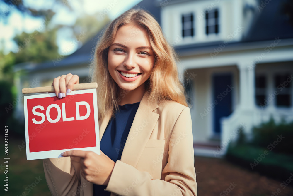 Real estate agent holding sold sign against house background. Beautiful ...