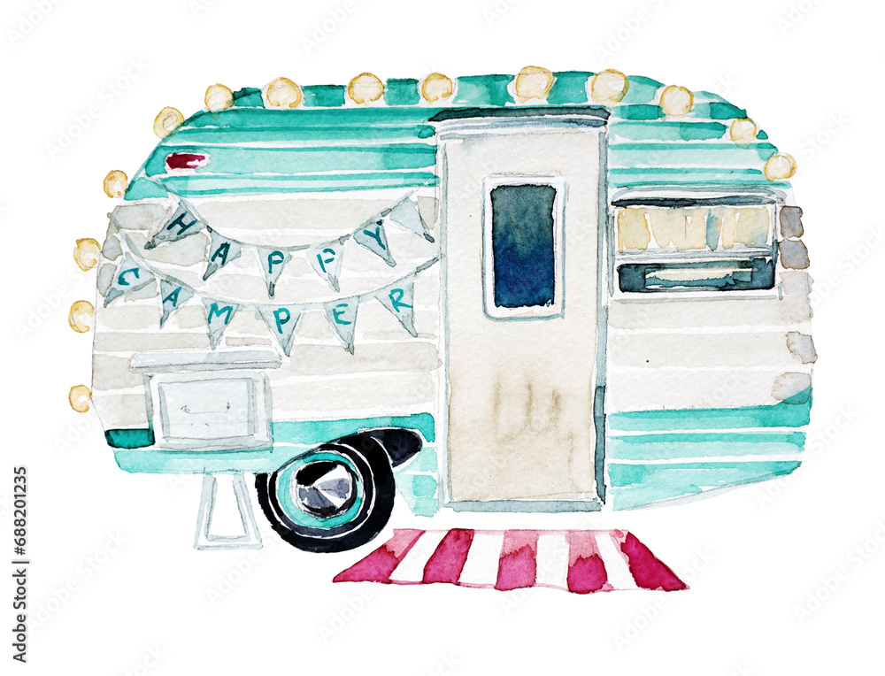 Vintage camping van clipart isolated on a white background. Watercolor ...