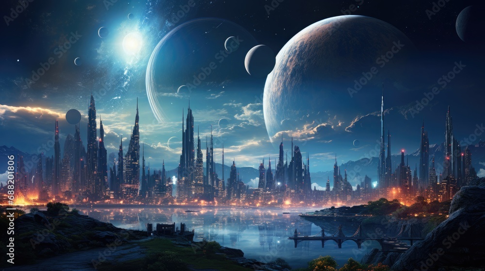 Celestial Metropolis: A Dazzling Futuristic Cityscape under the Glow of ...