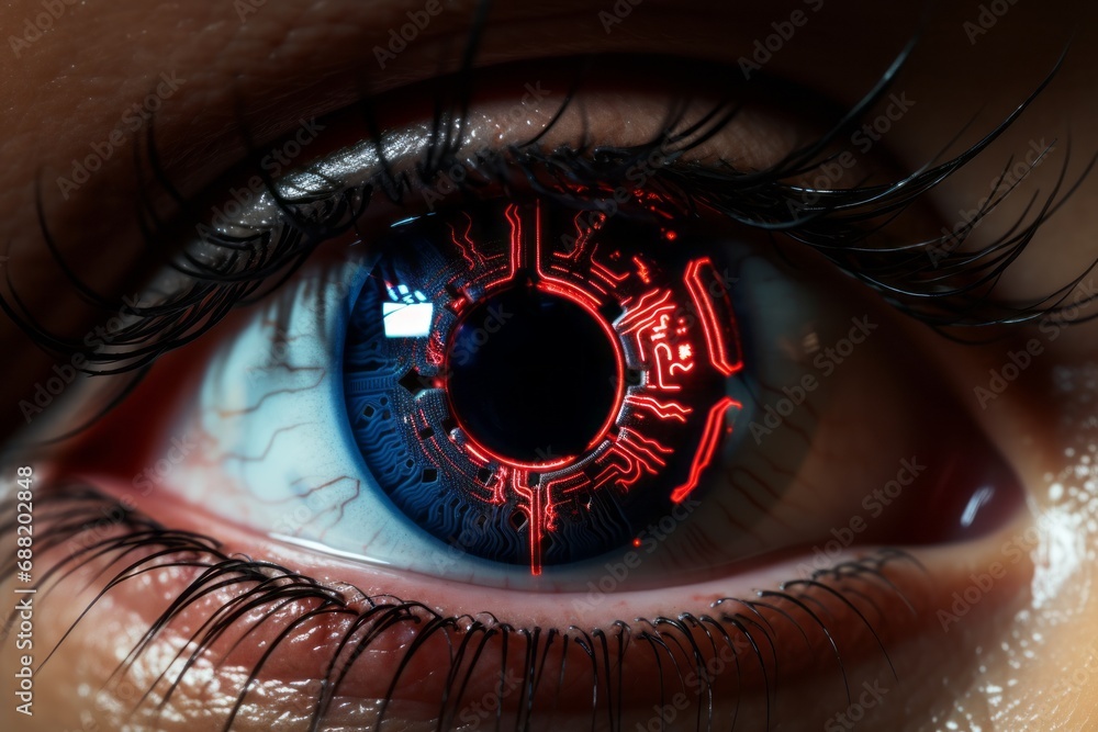 close-up of the right eye with artificial retina. Future biomedical ...