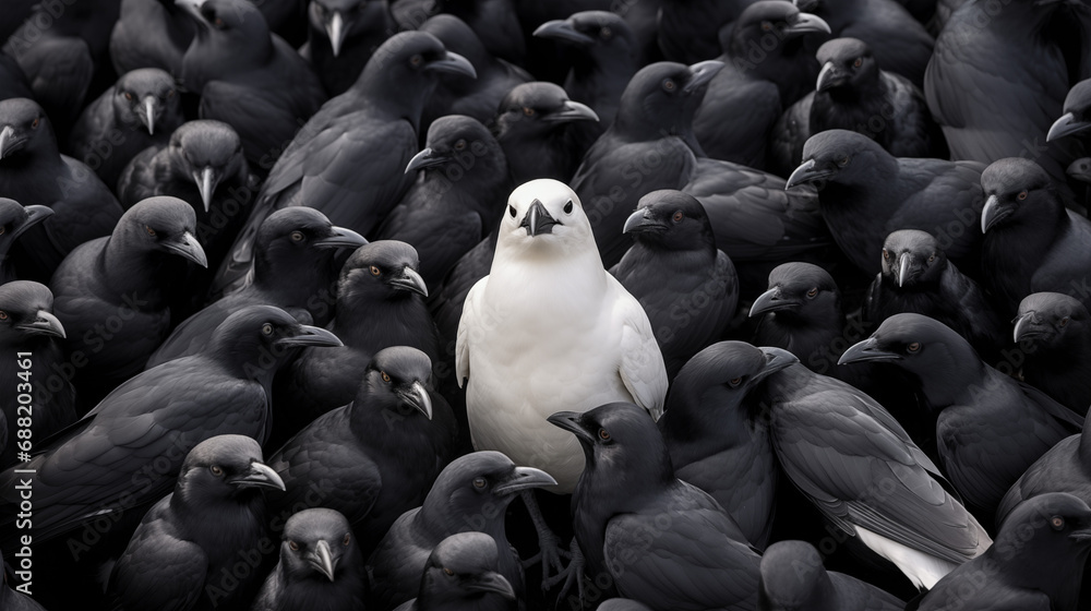 A white crow among black crows. The concept of being different. Not ...