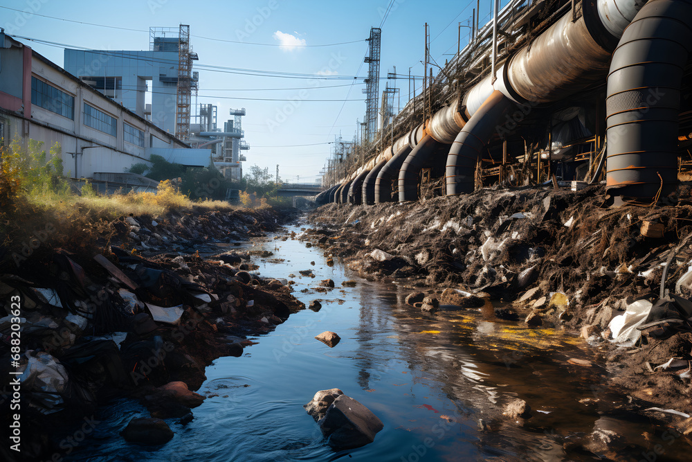 Wastewater pollution, industrial pipe, sewage, dirty water leakage into ...