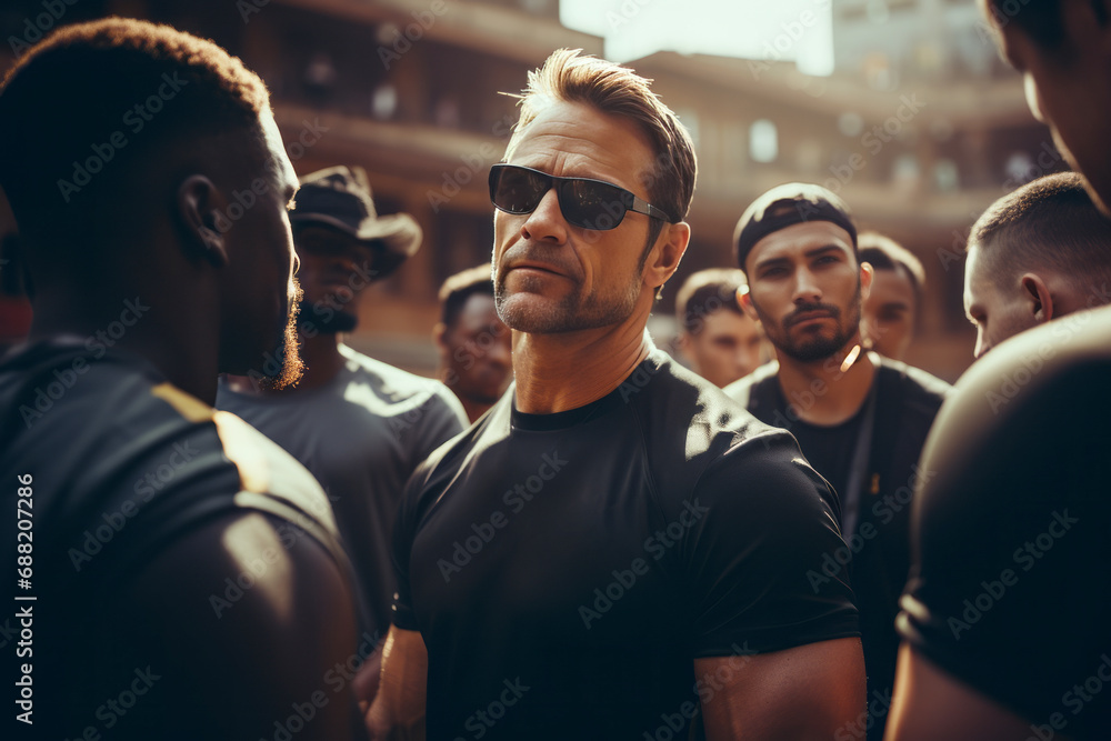 A strength and conditioning coach explains to athletes on a football ...