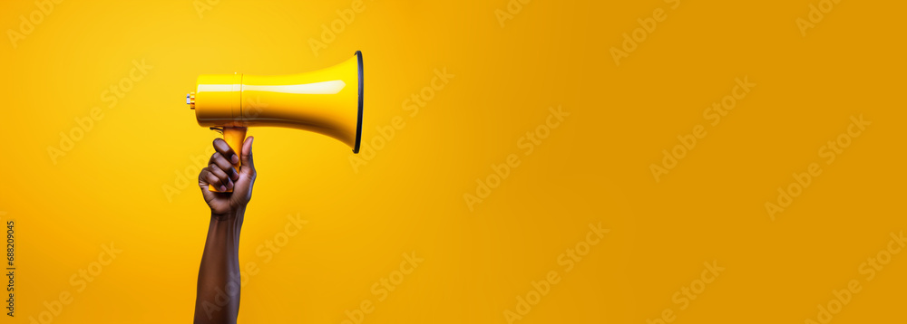 Yellow megaphone loudspeaker in hand of African-American man on studio ...