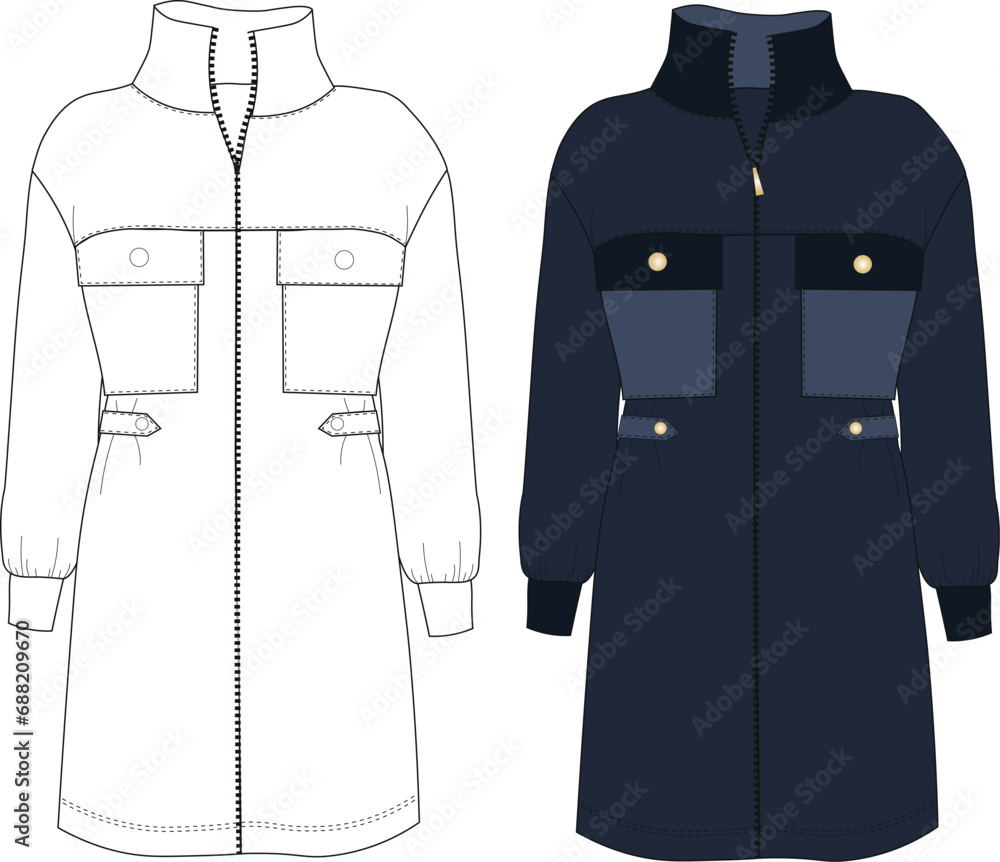 Oversize Down Coat technical drawing template, long sleeve, pockets ...