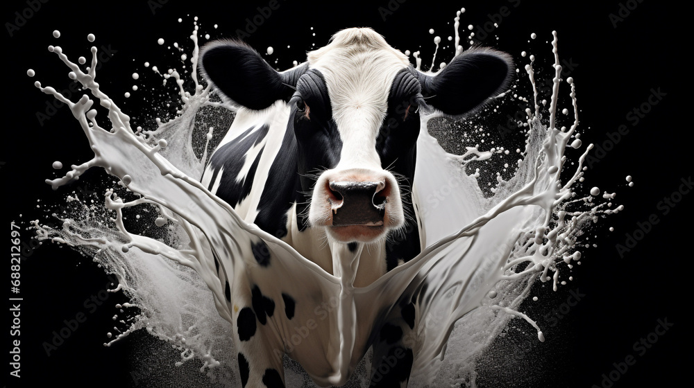 Splashes of milk fly on a milky white poster with the image of cows and ...