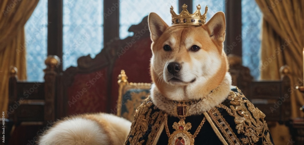 Shiba Inu dog dressed in a royal costume with a crown. A Shiba Inu dog ...