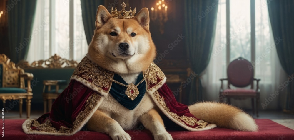 A Shiba Inu dog is the king adorned with a crown and royal attire sits ...