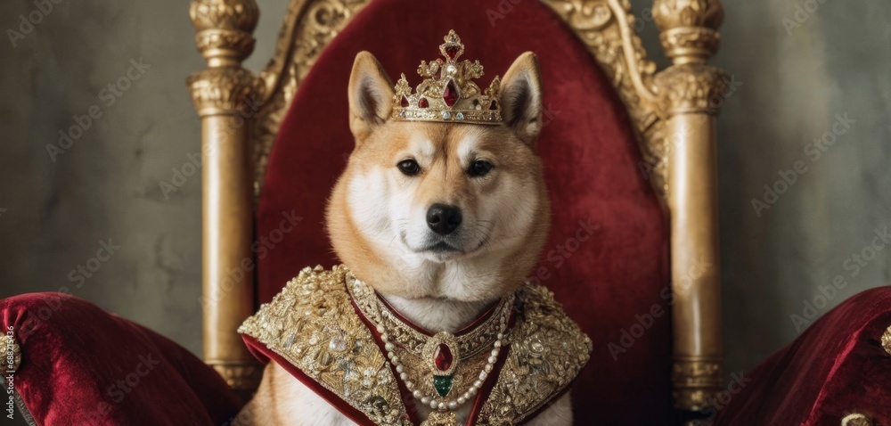 A Shiba Inu dog is the king adorned with a crown and royal attire sits ...