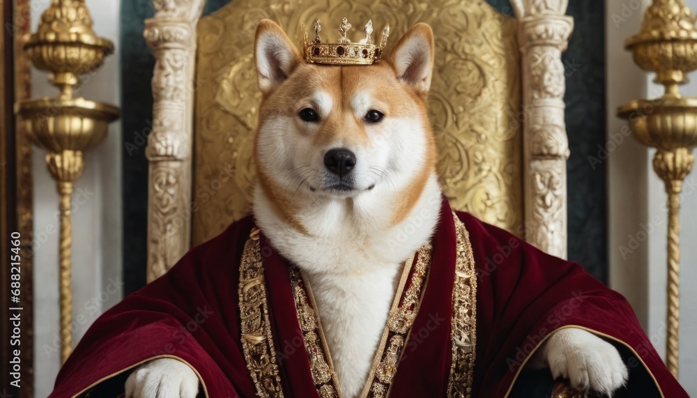 A Shiba Inu dog is the king adorned with a crown and royal attire sits ...
