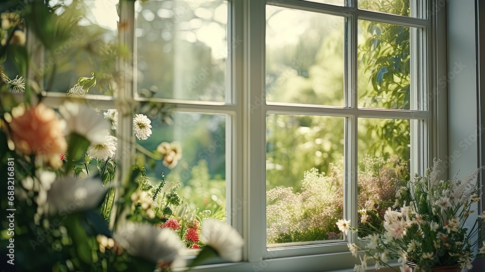 view of the garden through the window frame as a natural border to ...