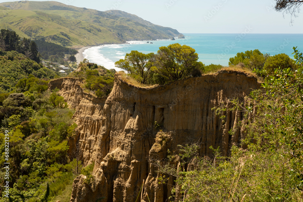 sandstone cliffs at Gore bay, cathedrall gully, NZ Stock Photo | Adobe ...