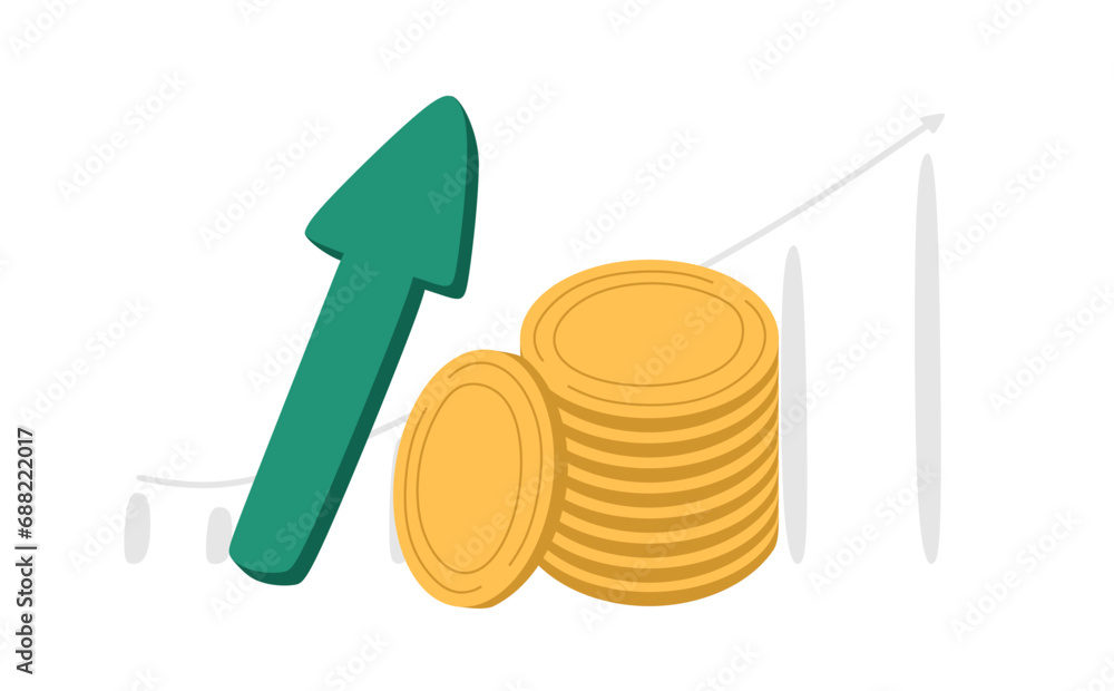 Rising currency prices. Concept of currency growth. Money symbol, coins ...