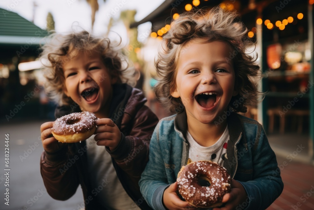 Joyful Childhood: Two Kids Laughing with Donuts at an Outdoor Fair ...