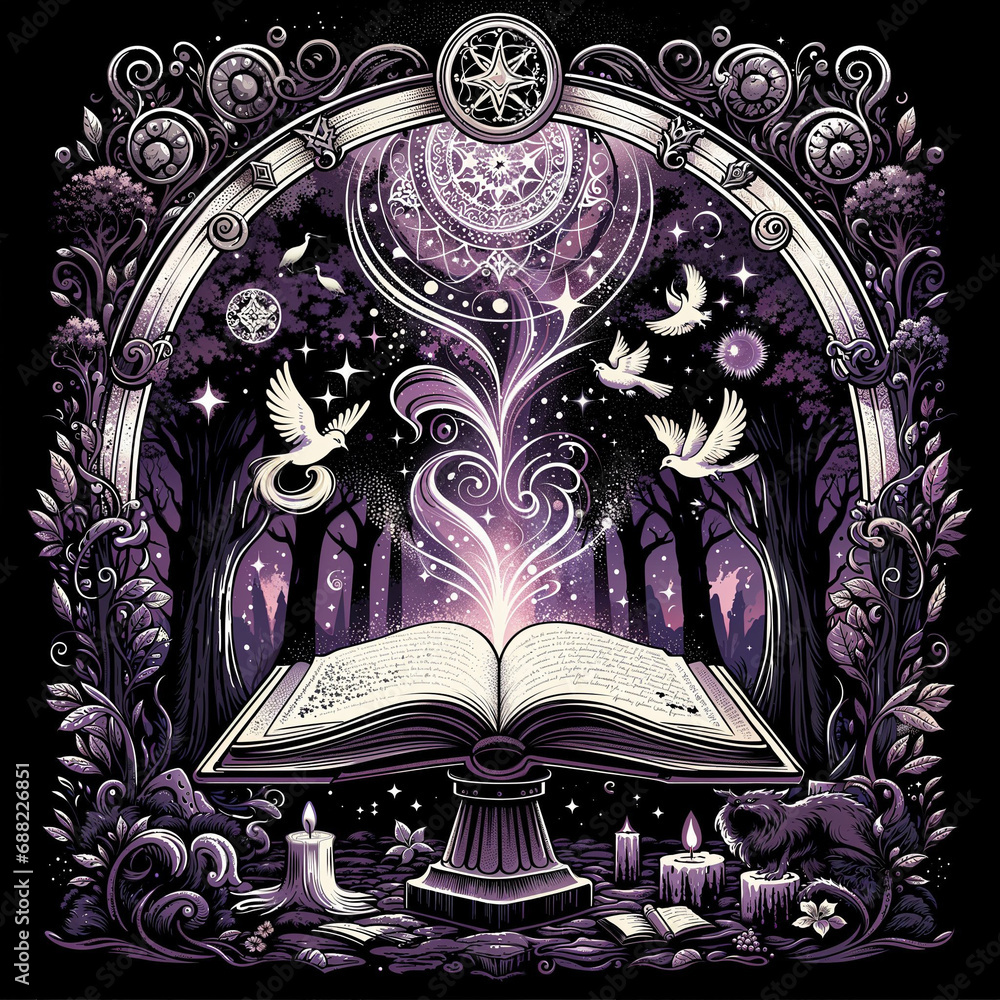 Mystical Open Book with Magical Symbols and Nature Elements Stock ...