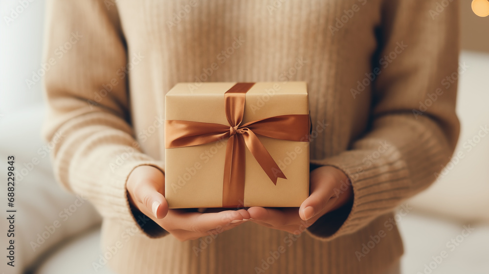 Woman holds a Christmas present in hands. Happy holiday, gift box close ...