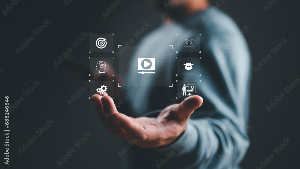 E-learning graduate certificate program concept. man holding showing ...