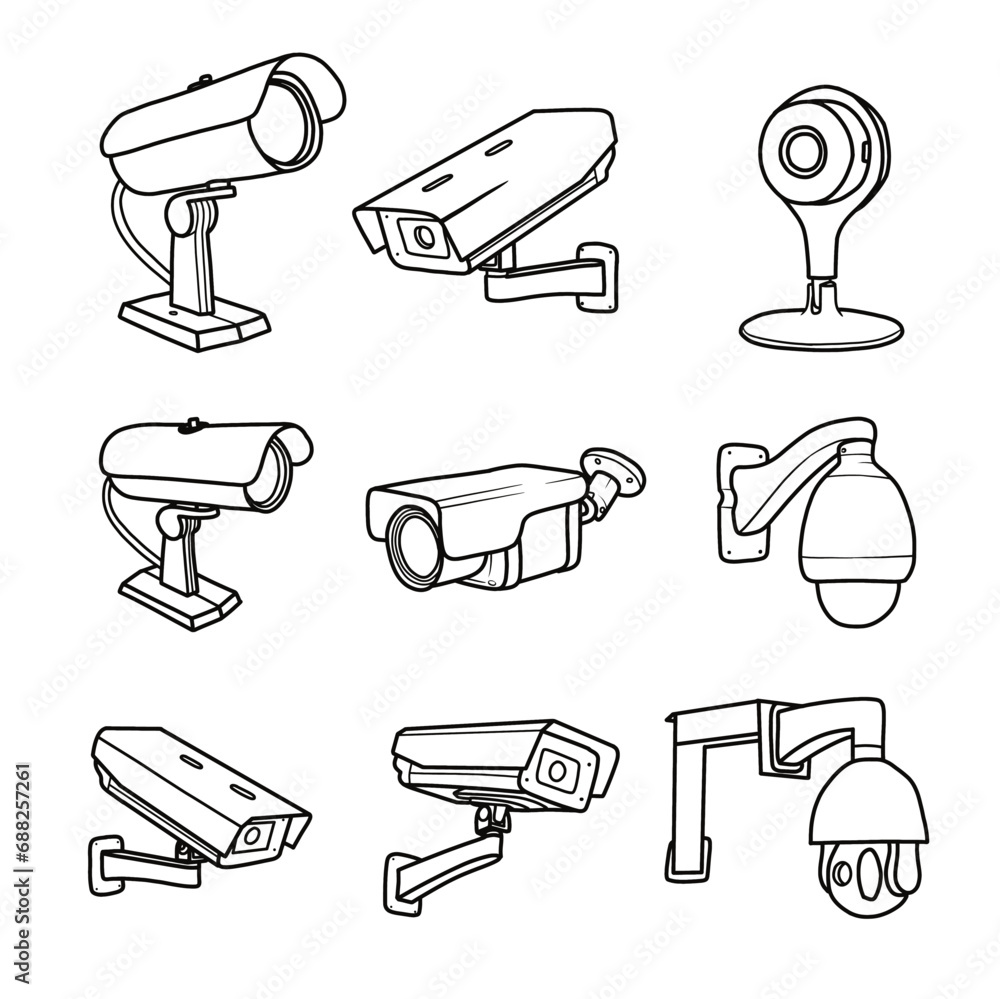 Various model of cctv camera in line art vector style, isolated on ...