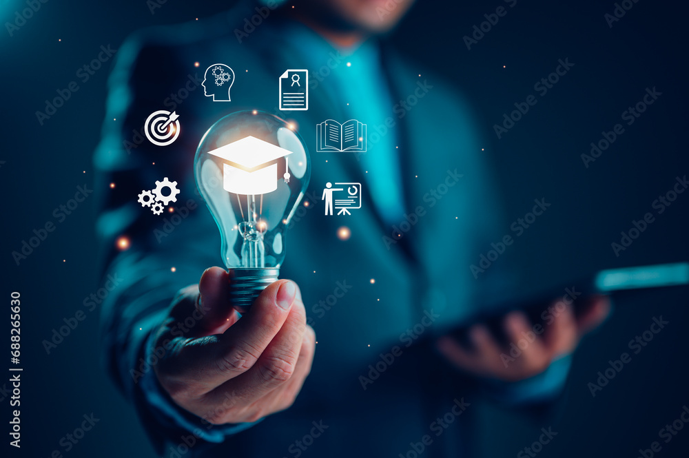 E-learning graduate certificate program concept. man holding lightbulb ...