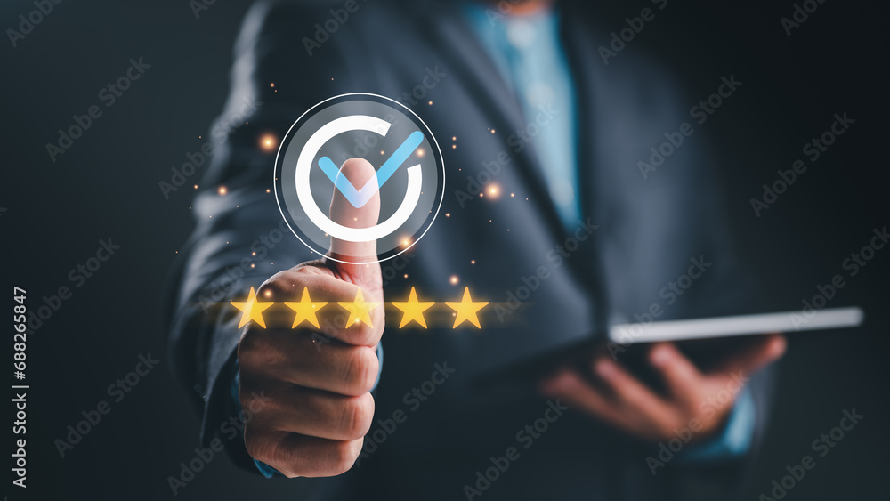 Hand thumb up with the sign of the top service Quality assurance ...