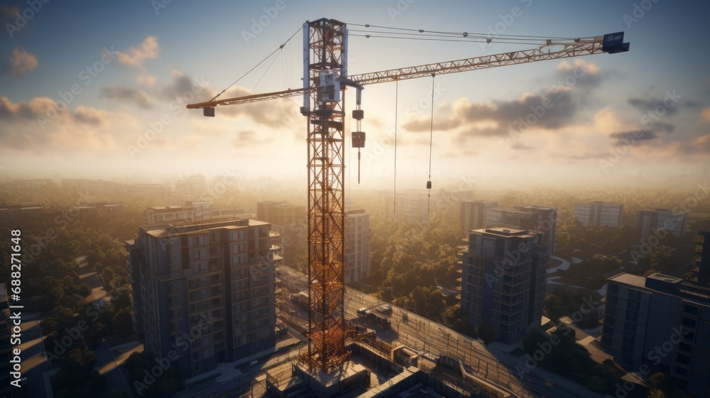 Building under construction, crane and building construction site on ...