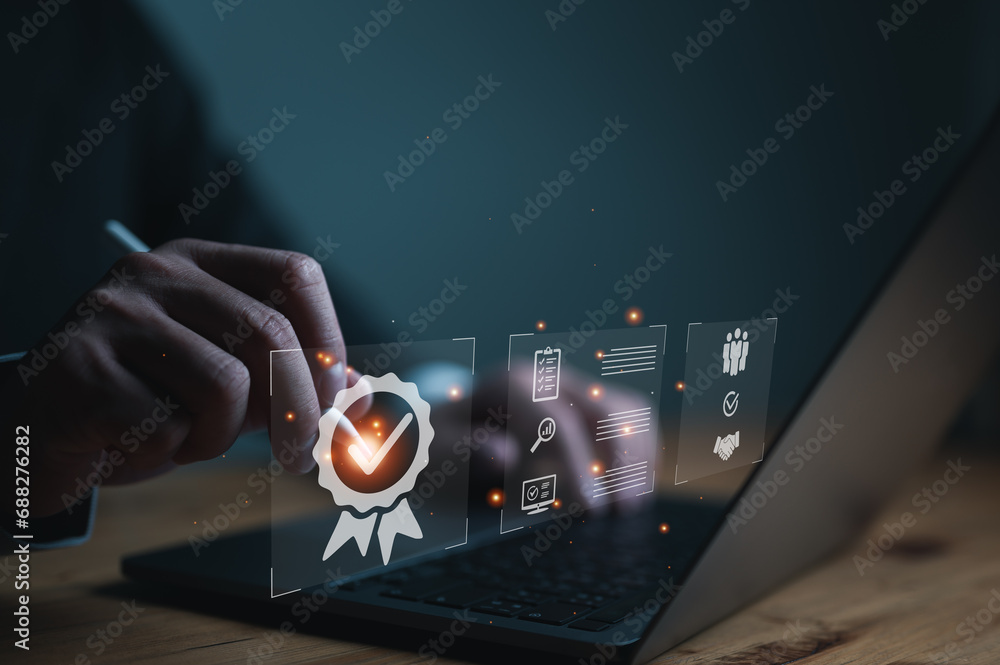 Businessman working with sign of the top service Quality assurance ...