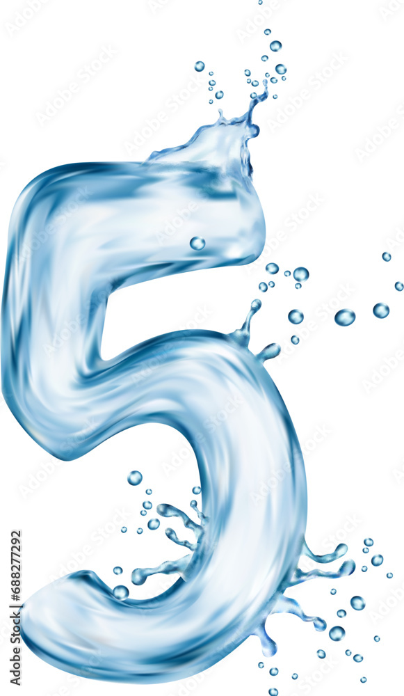 Vetor de Liquid water number five with splash bubbles, transparent type ...