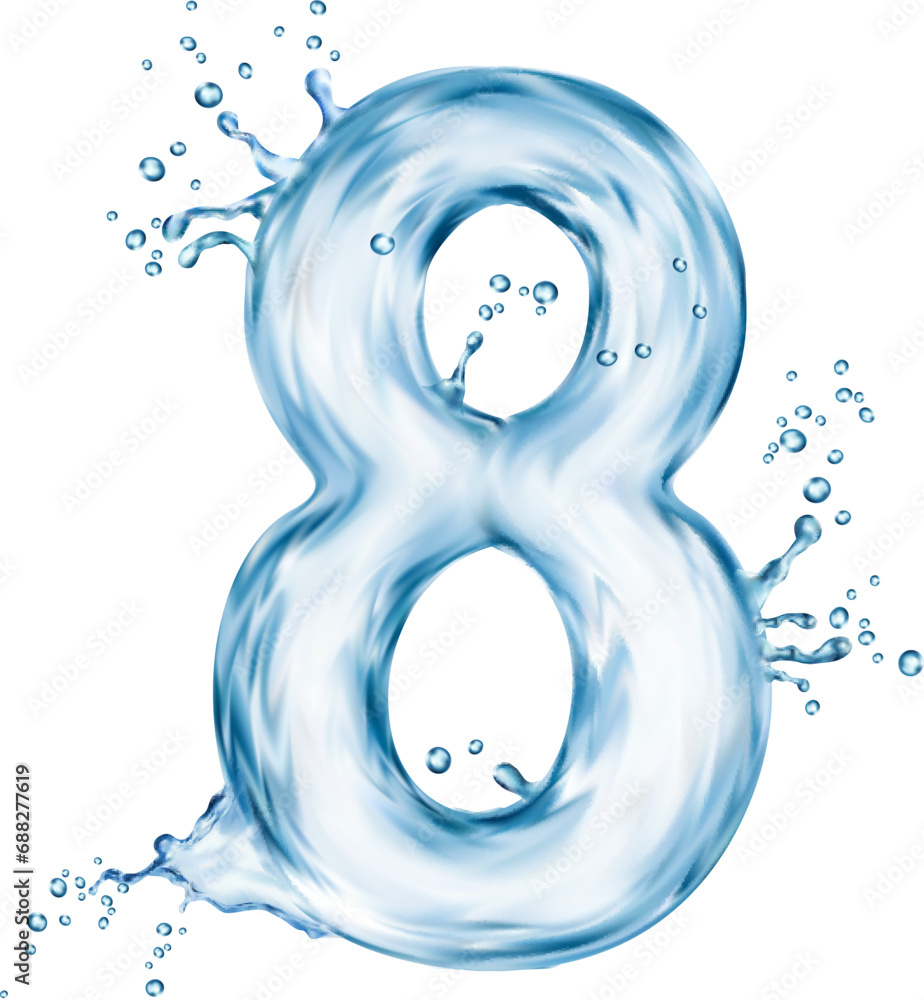Liquid water number eight with splash bubbles, transparent type font ...