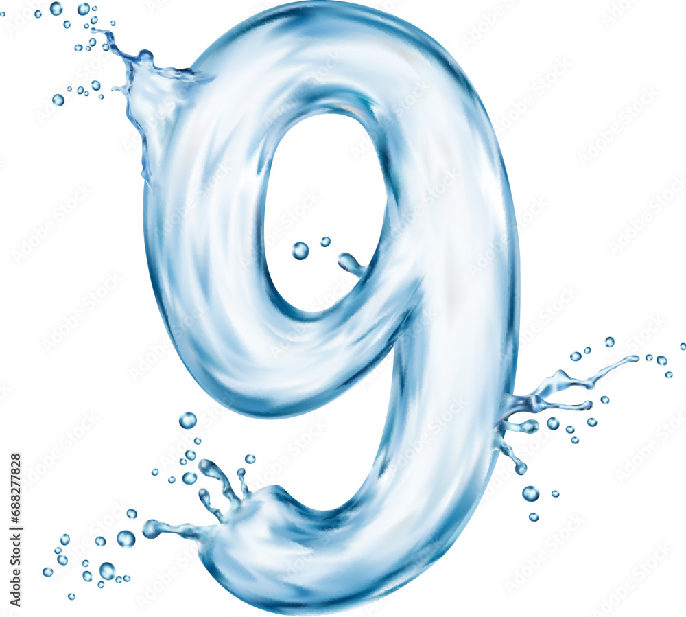 Liquid water number nine with splash bubbles, transparent type font ...