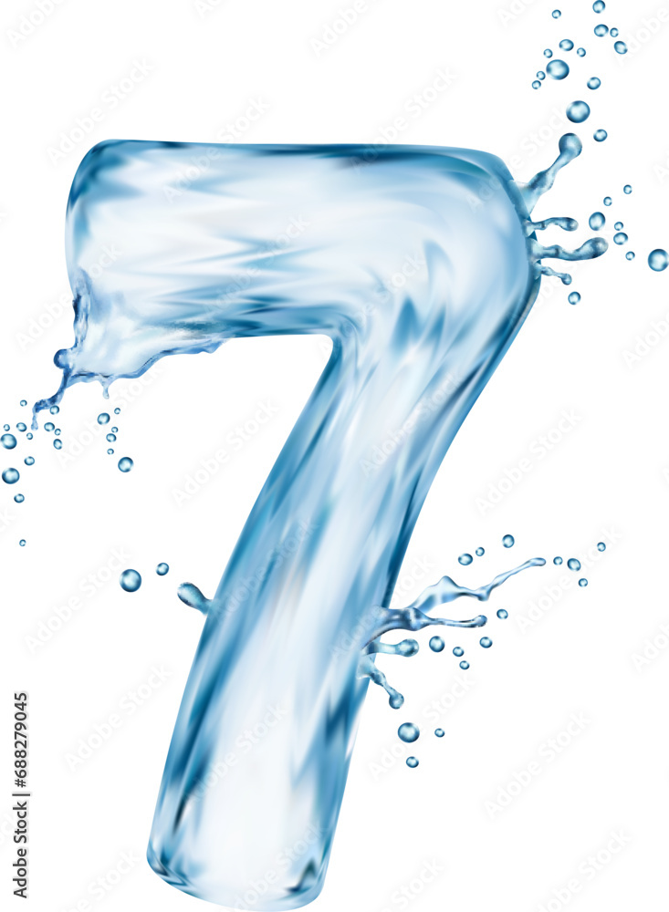Liquid water number seven with splash bubbles, transparent type font ...
