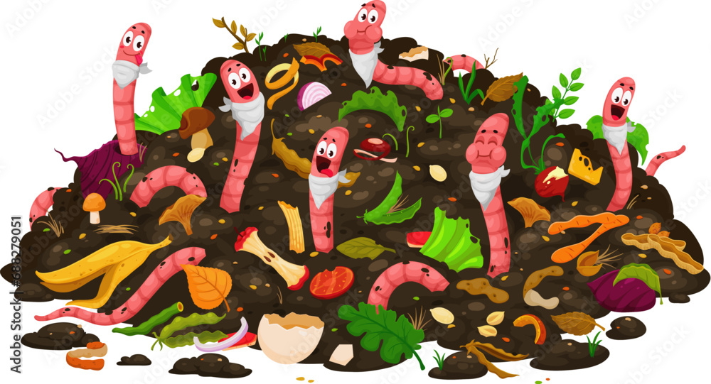 Cartoon earth worms eating compost, funny earthworm characters in ...