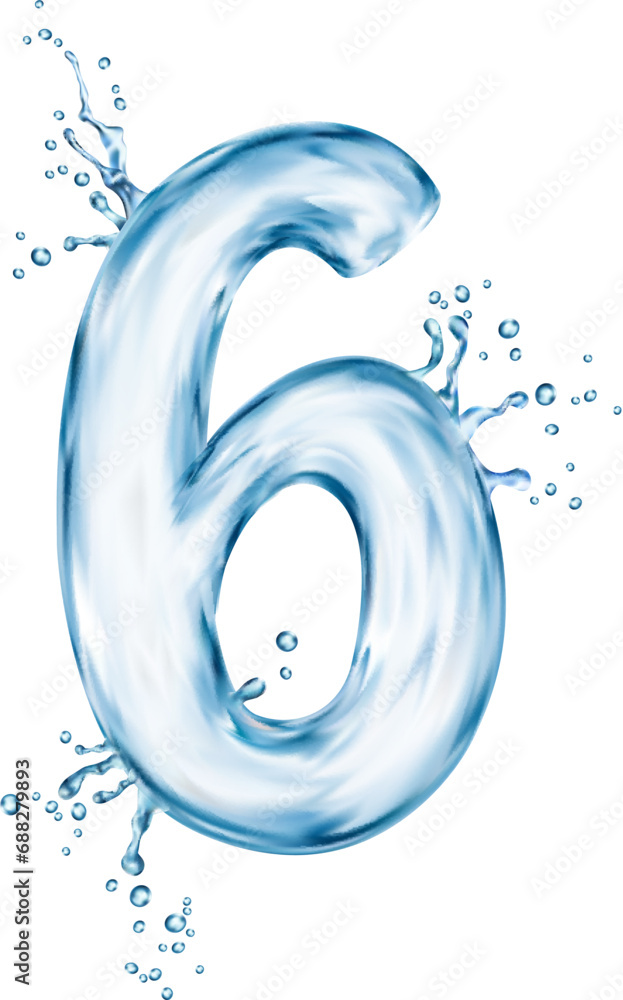Liquid water number six with splash bubbles, transparent type font ...