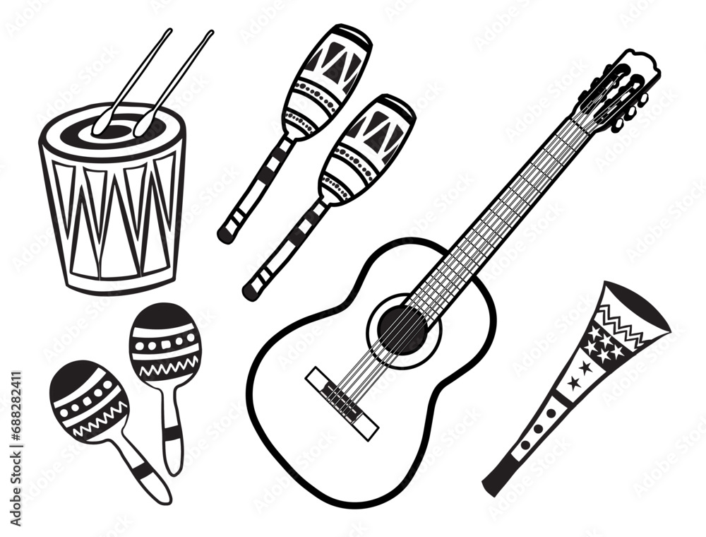 Set of Latin carnival musical instruments. A drum with drumsticks, two ...