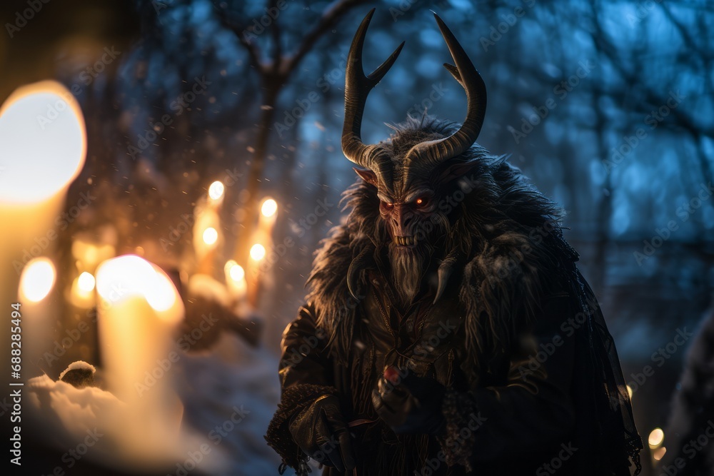Artistic close-up of Krampus's face, focusing on his glowing eyes and ...