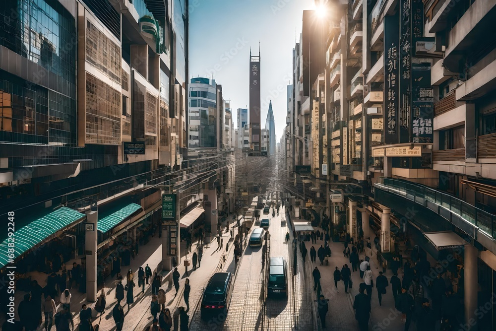 Foto de e level photo of a dense and pedestrianized city with modern ...